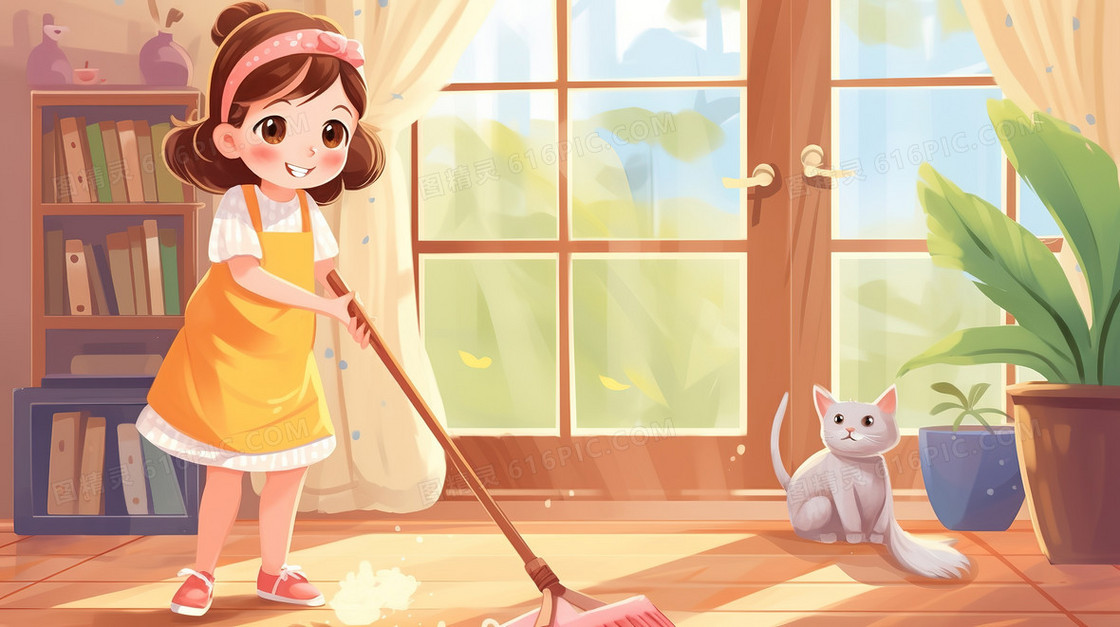 可爱的小女孩在做家务背景图片下载 2912x1632像素JPG格式 编号z26foprgv 图精灵